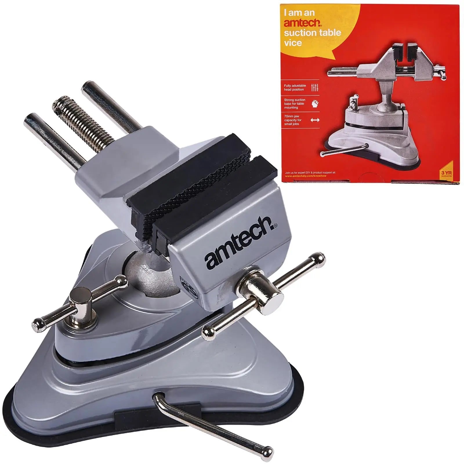 Amtech Bench Vice Clamp Table Suction Base Soft Jaws Rotating 70mm