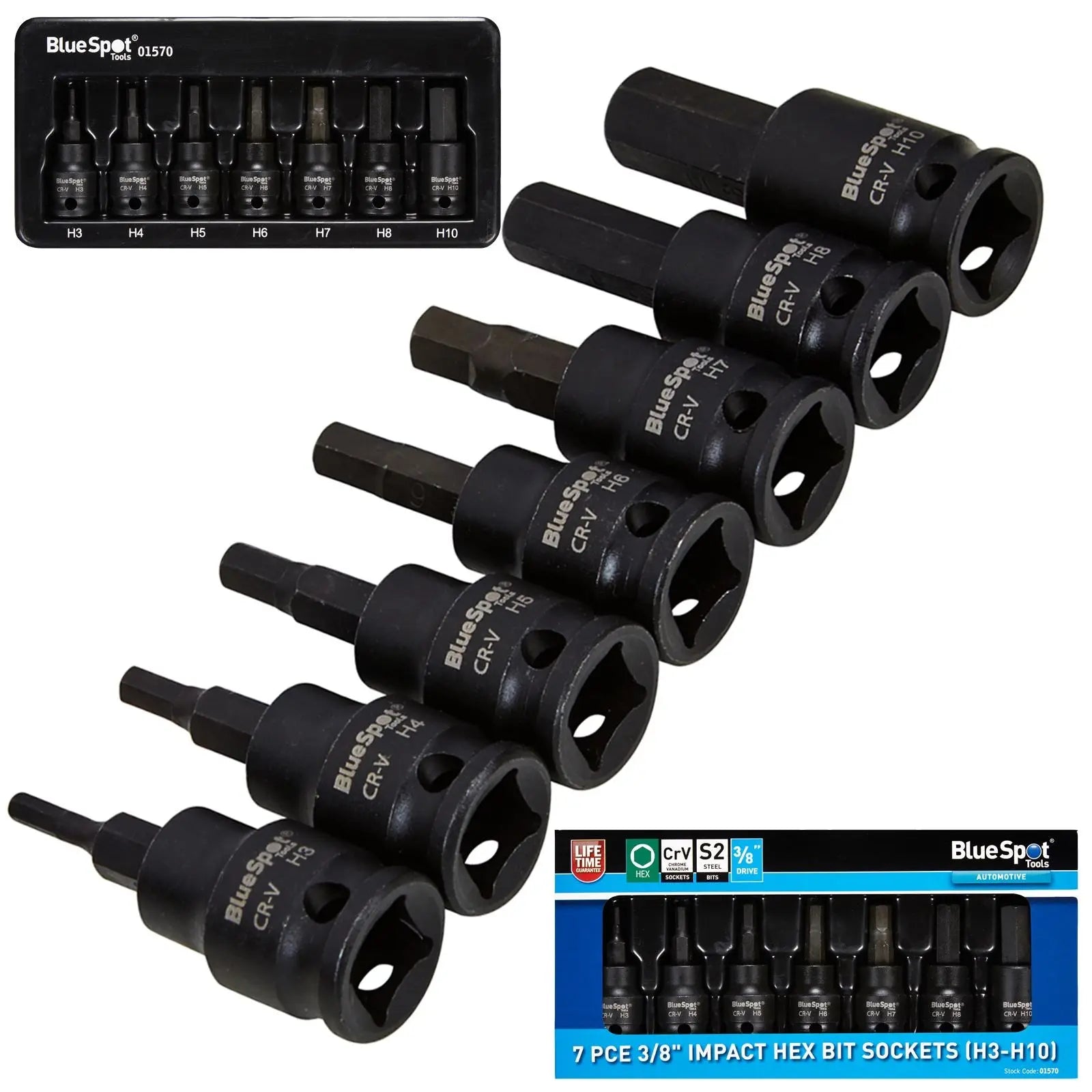 BlueSpot Impact Hex Bit Sockets 3/8" 7 Piece H3-H10 - White Rose Tools