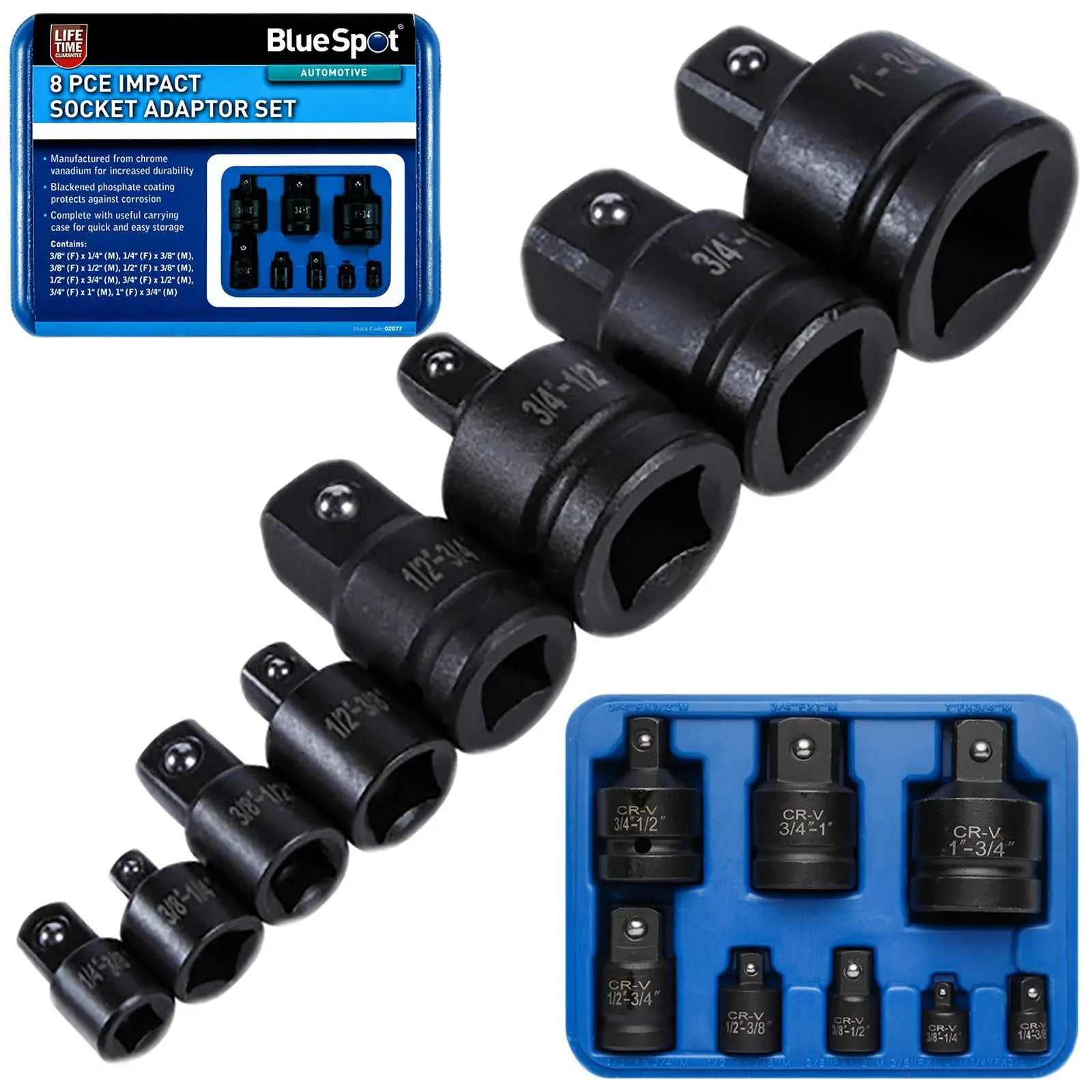 BlueSpot Impact Socket Adaptor Set 8 Piece in Storage Case - White
