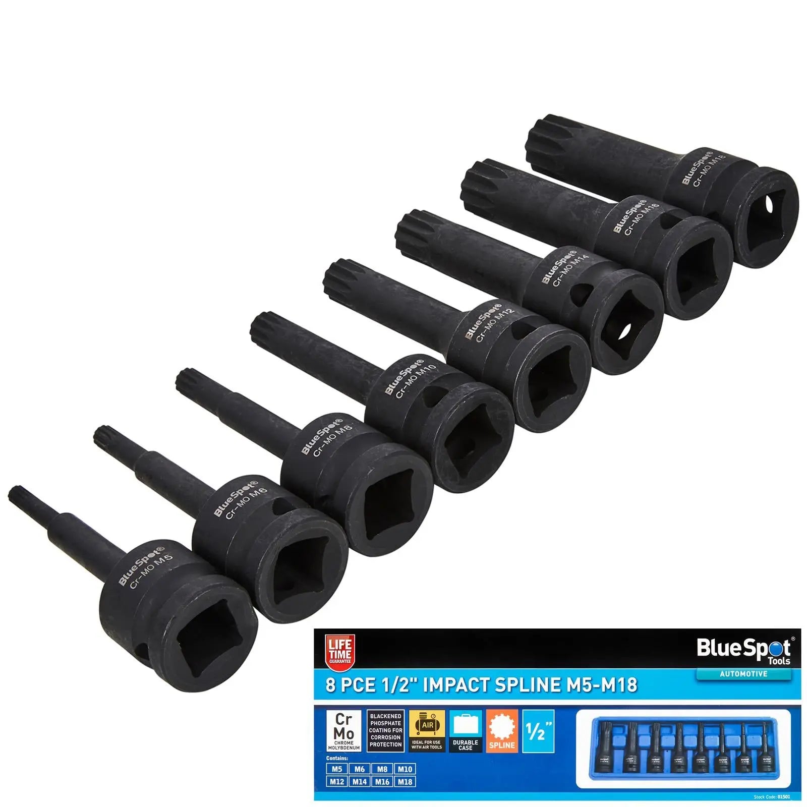 BlueSpot Impact Spline Socket Set 1/2" Drive M5-M18 8 Piece - White