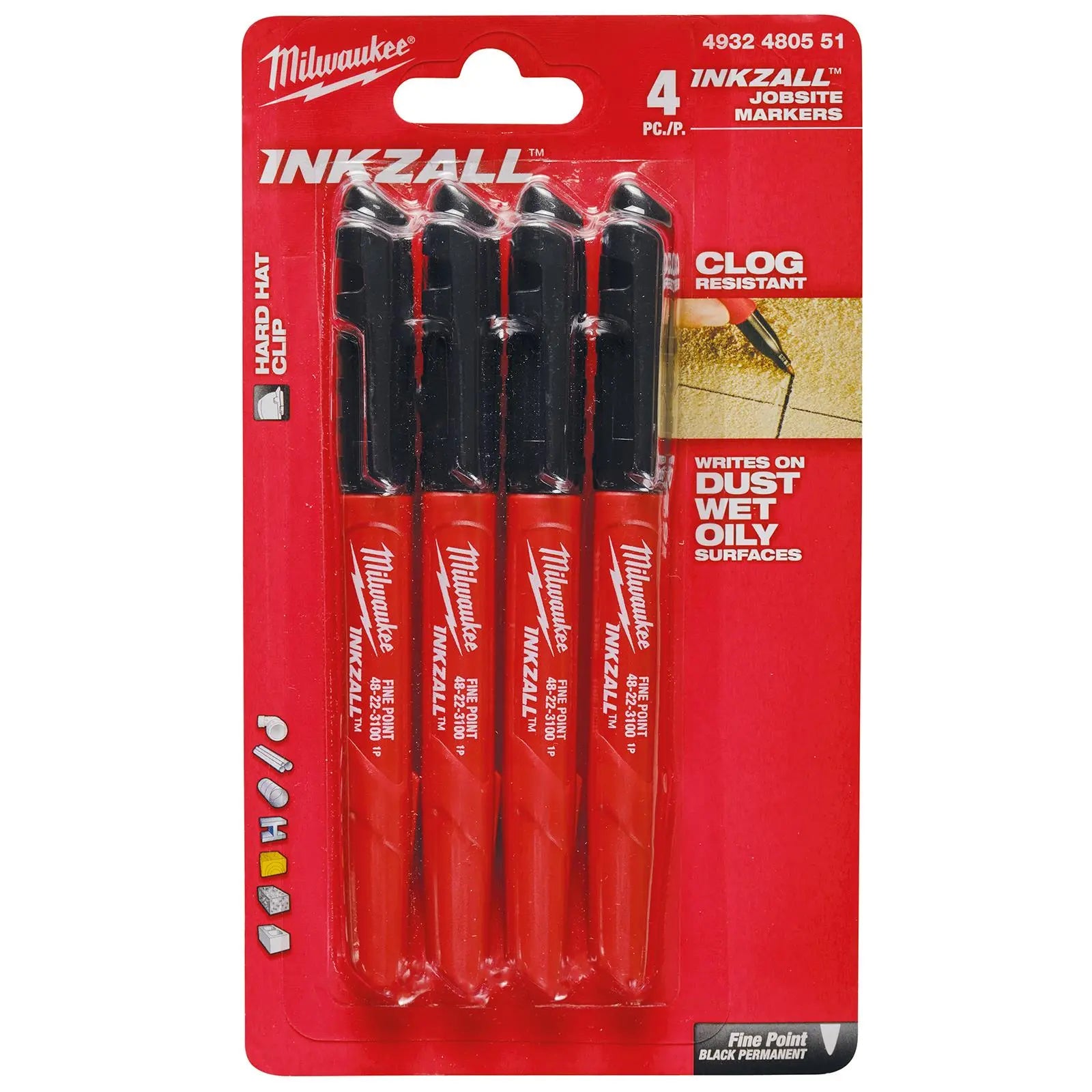 Milwaukee INKZALL Marker Pens 4 Pack Black Fine Tip - White Rose Tools