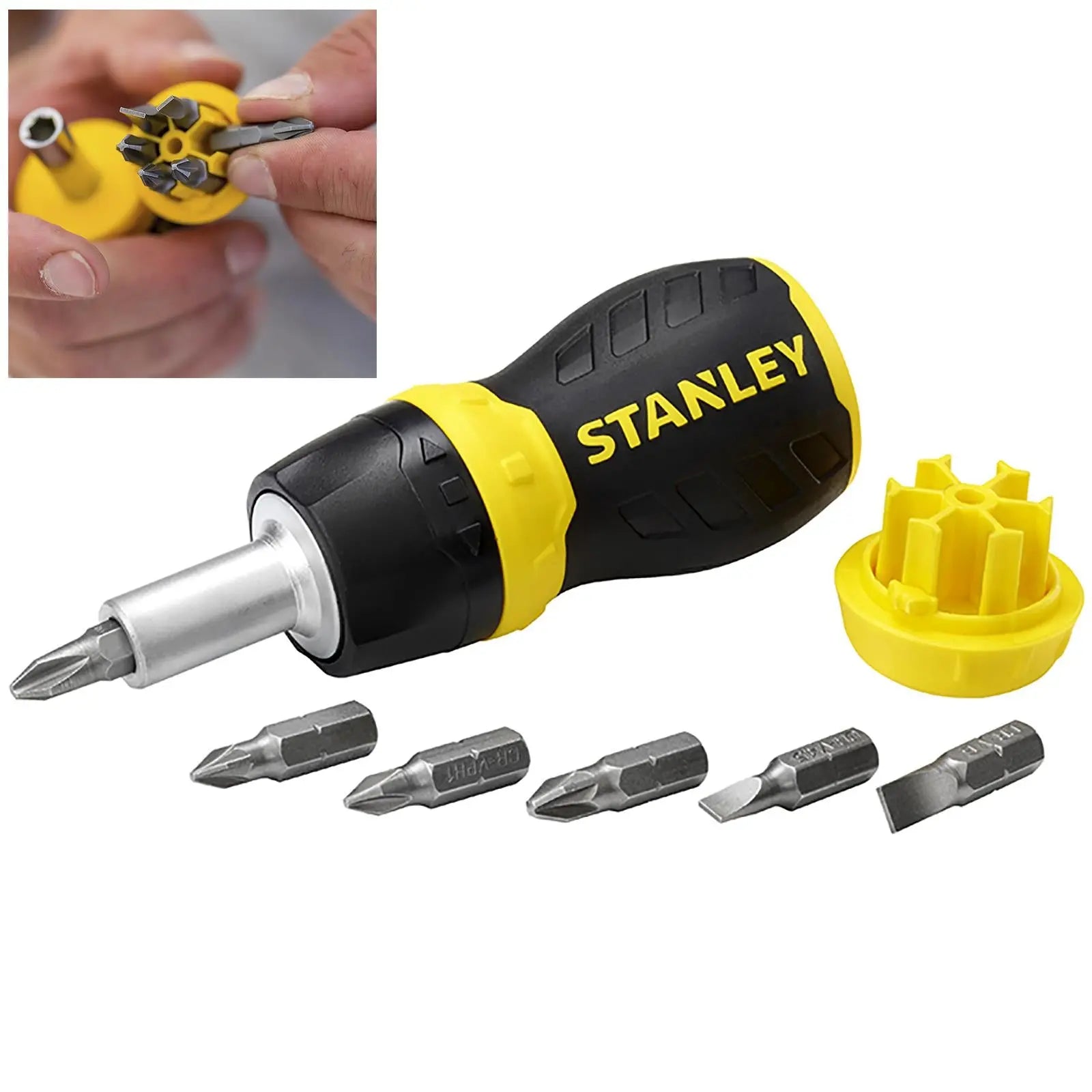 Stanley 7 Piece Multibit Ratchet Stubby Screwdriver with Bits - White