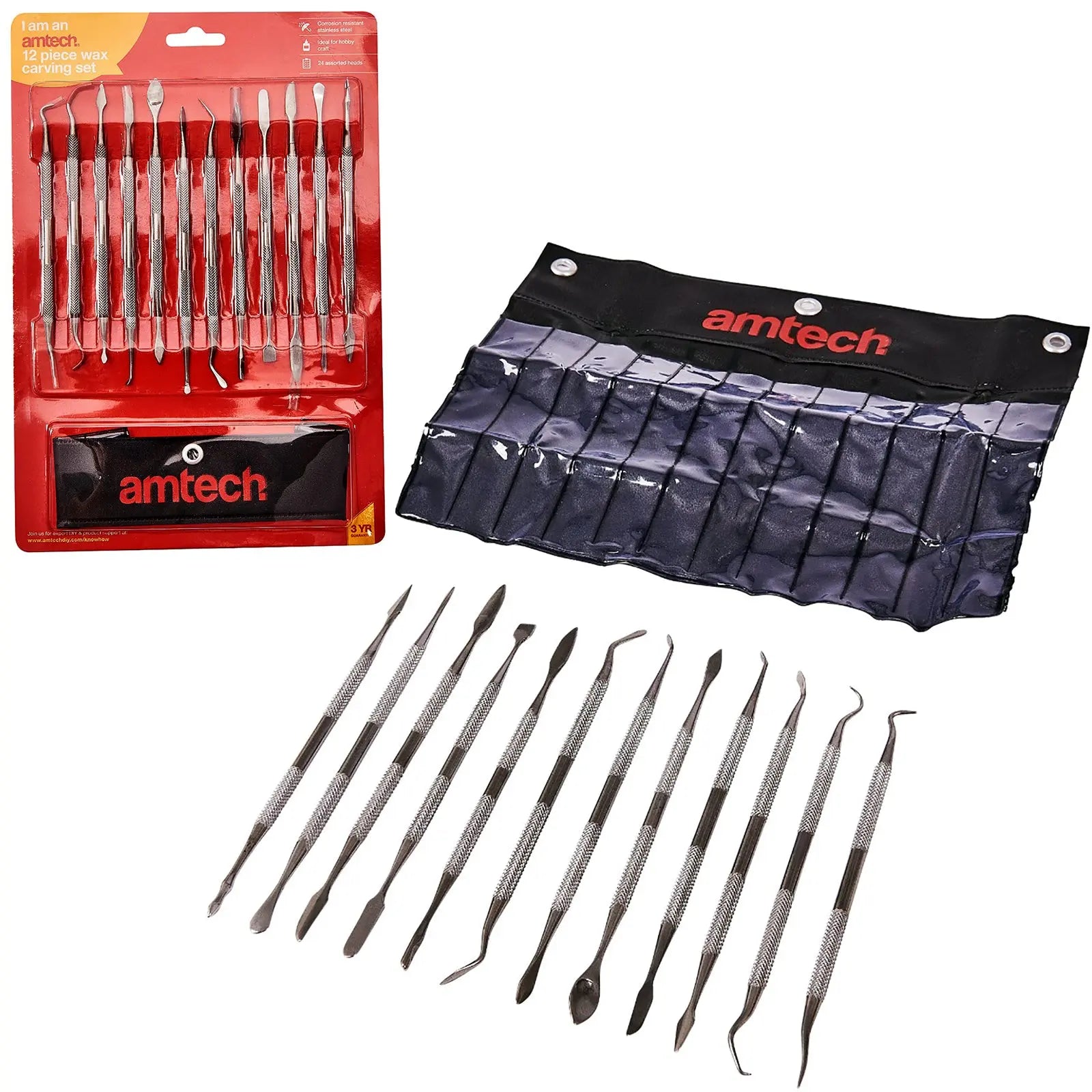 Amtech 12 Piece Stainless Steel Wax Carving Set - White Rose Tools