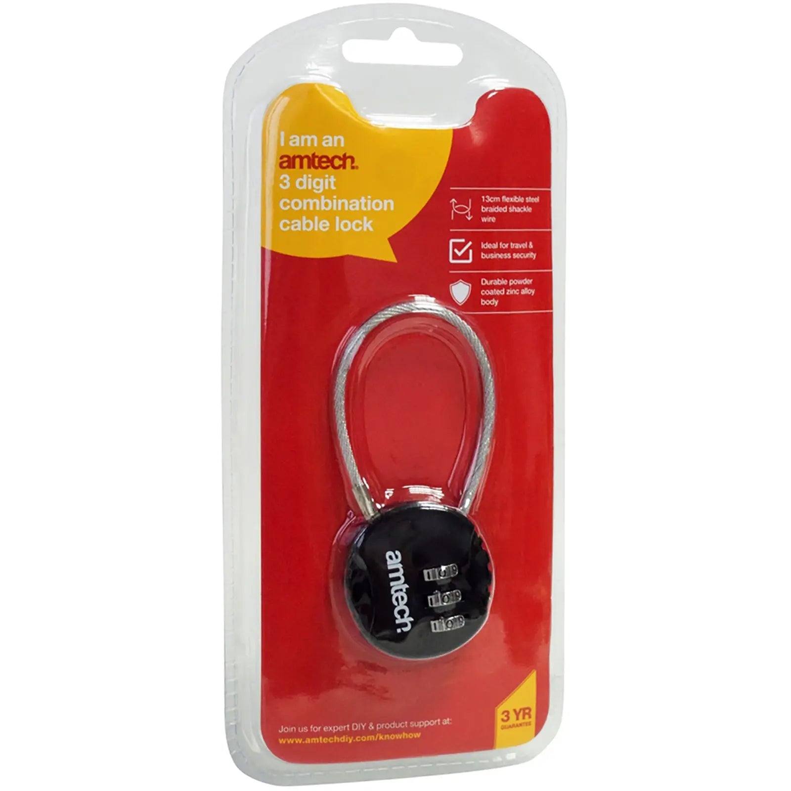 Amtech 3 Digit Combination Cable Lock - White Rose Tools