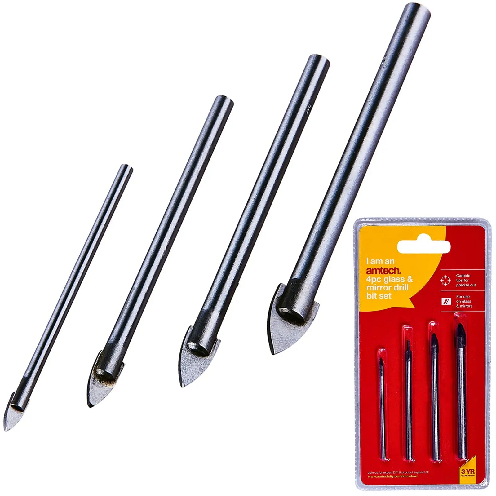 Amtech 4 Piece Glass and Mirror Drill Bit Set 3-8mm - White Rose Tools
